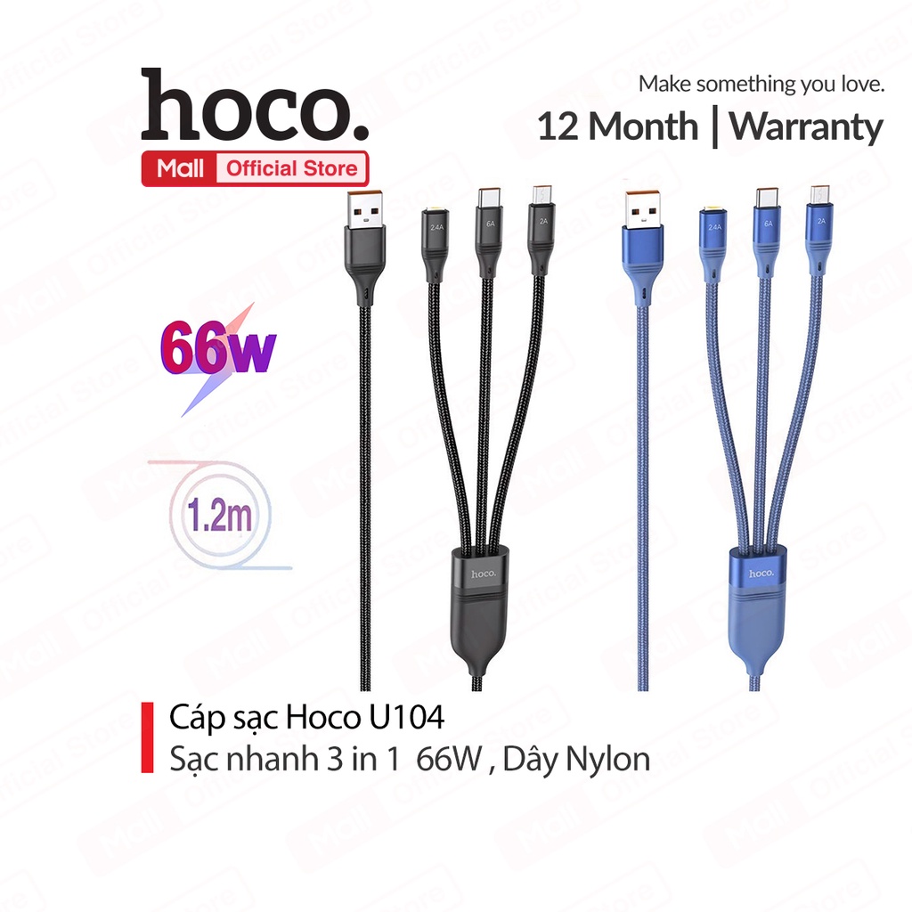 Cáp sạc 3 đầu Hoco U104 cổng microUSB / LN / Type-C dài 1.2M, max 6A, 66W dành cho Smartphone ...
