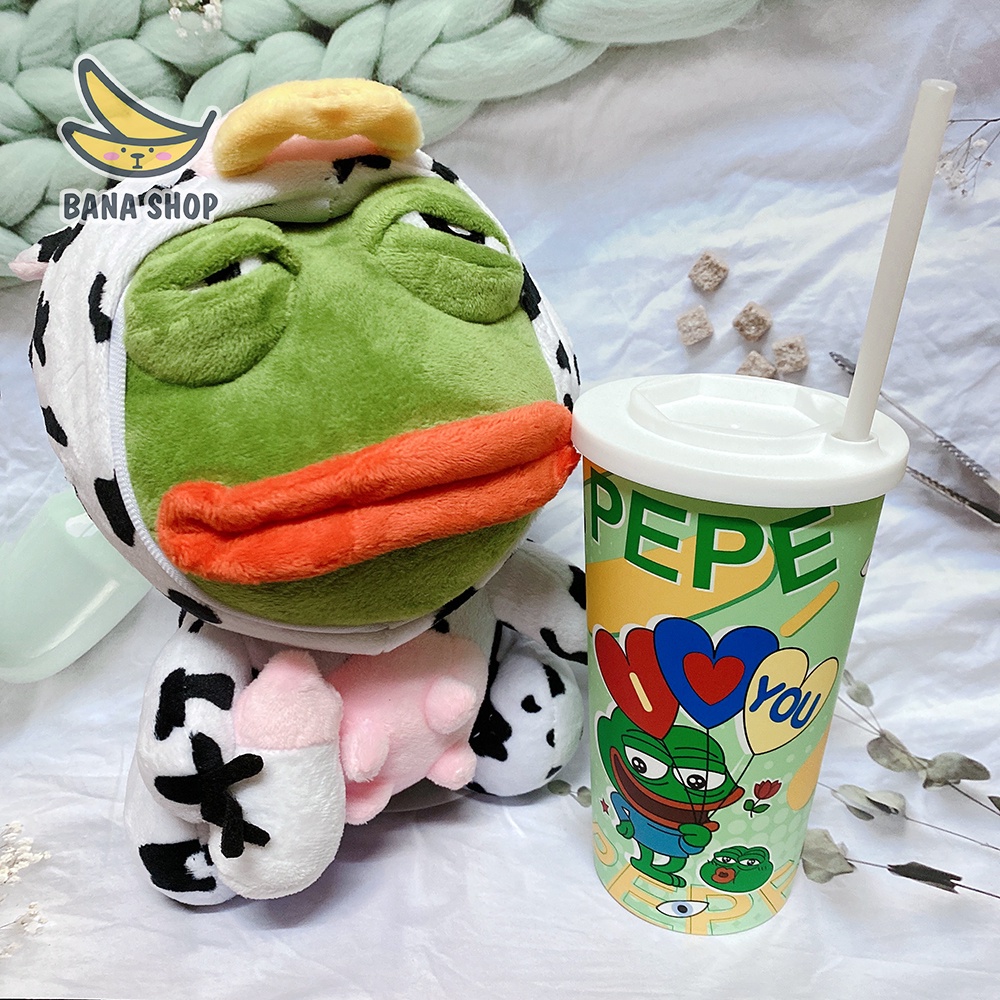 Ly cốc nhựa kèm nắp và ống hút hình ếch xanh Pepe sad frog siêu bựa cho ...