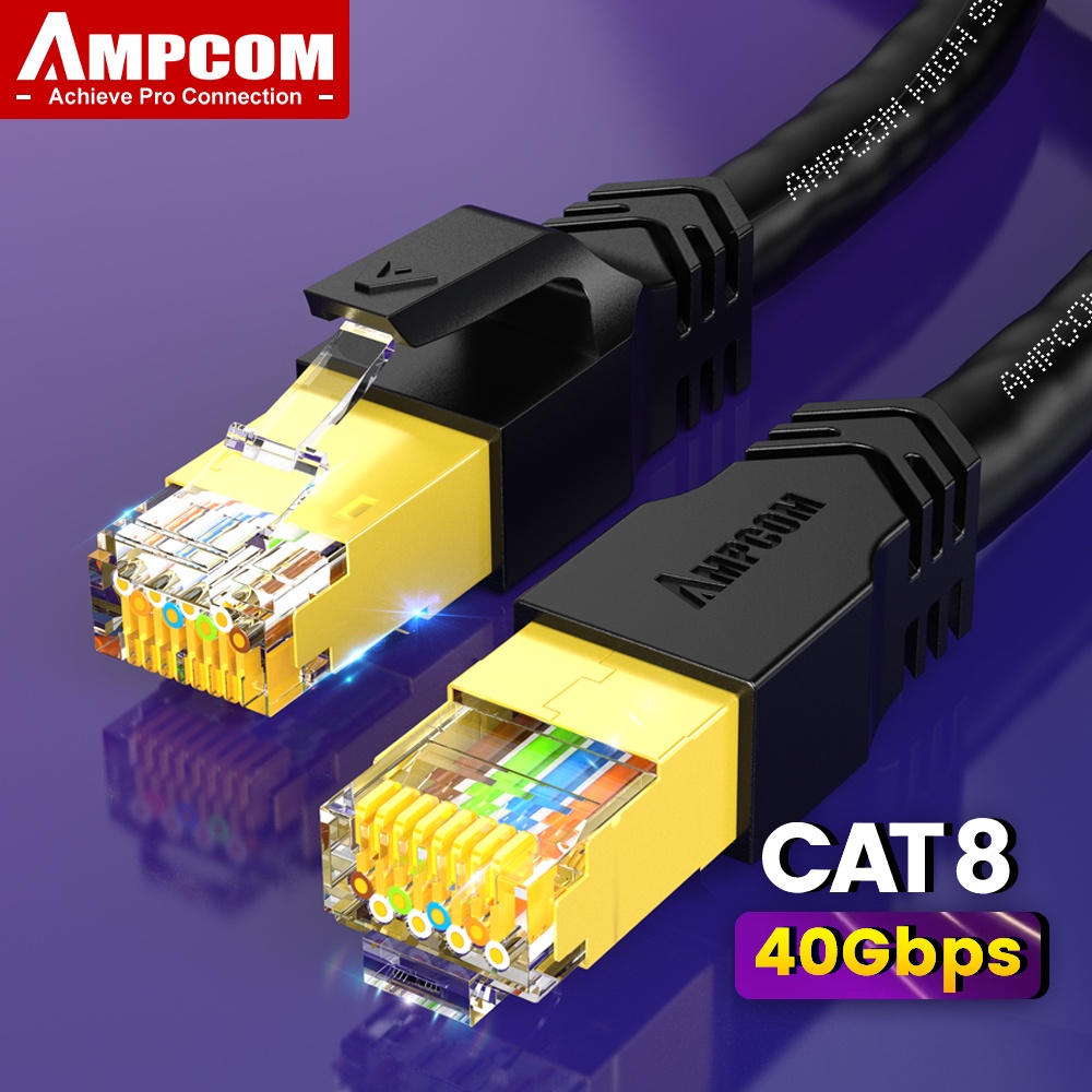 AMPCOM CAT8 Ethernet Cable, CAT8 S/FTP Ethernet Cable (24AWG, 8.0mm), High Speed Patch Cable ...