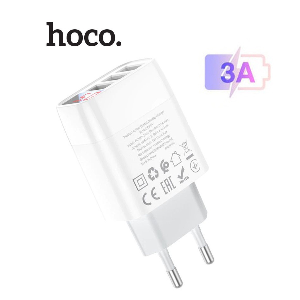 Cốc sạc 3 cổng USB Hoco C93A sạc nhanh 3.4A chân tròn màn hình Led tiêu chuẩn | Shopee Việt Nam
