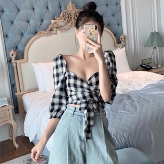 Áo caro đắp chéo cột nơ 2 màu caro Xanh- Đen Lovi | Shopee Việt Nam