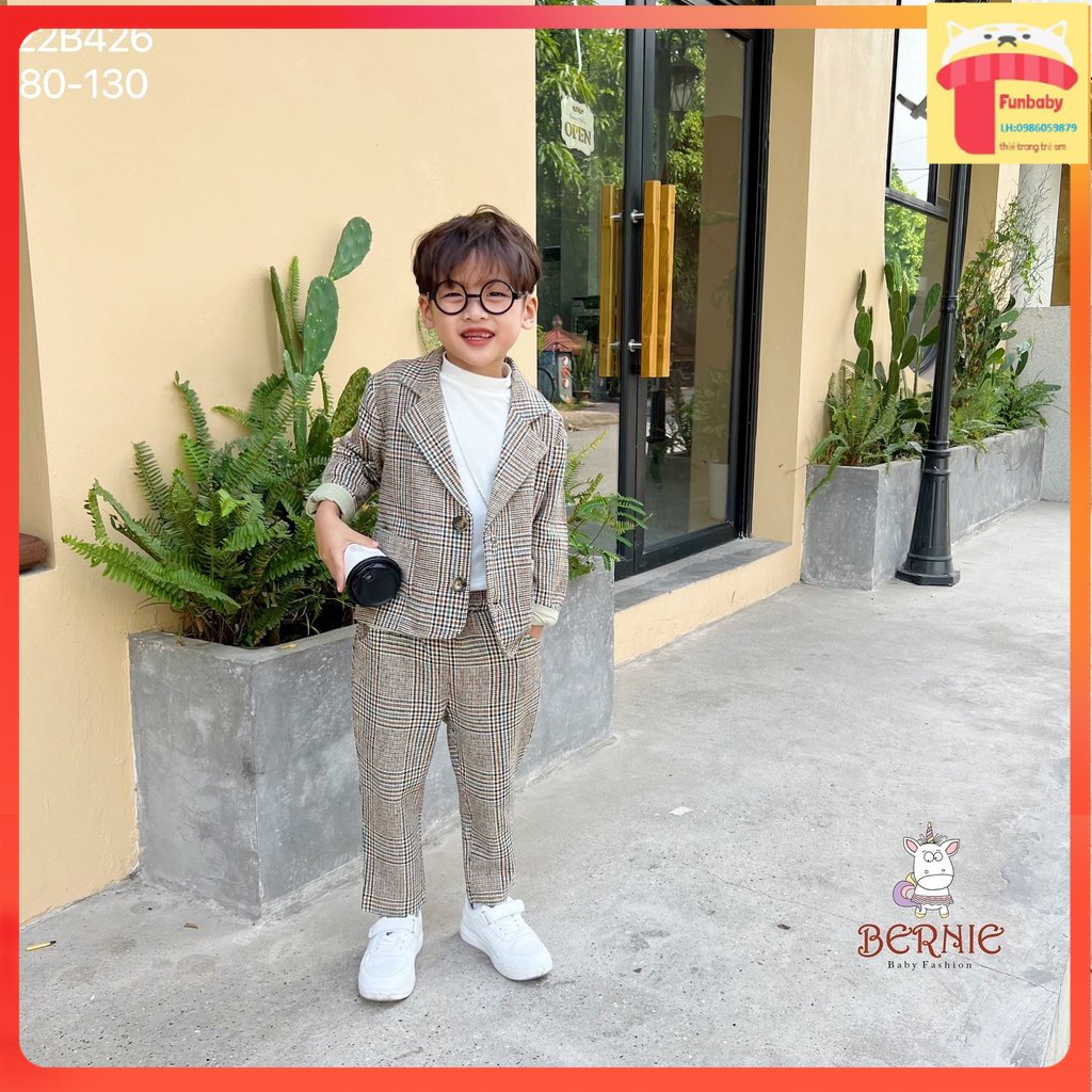 Bộ comple bé trai, Set bộ vest cho bé 1-7 tuổi vải dạ họa tiết kẻ caro ...