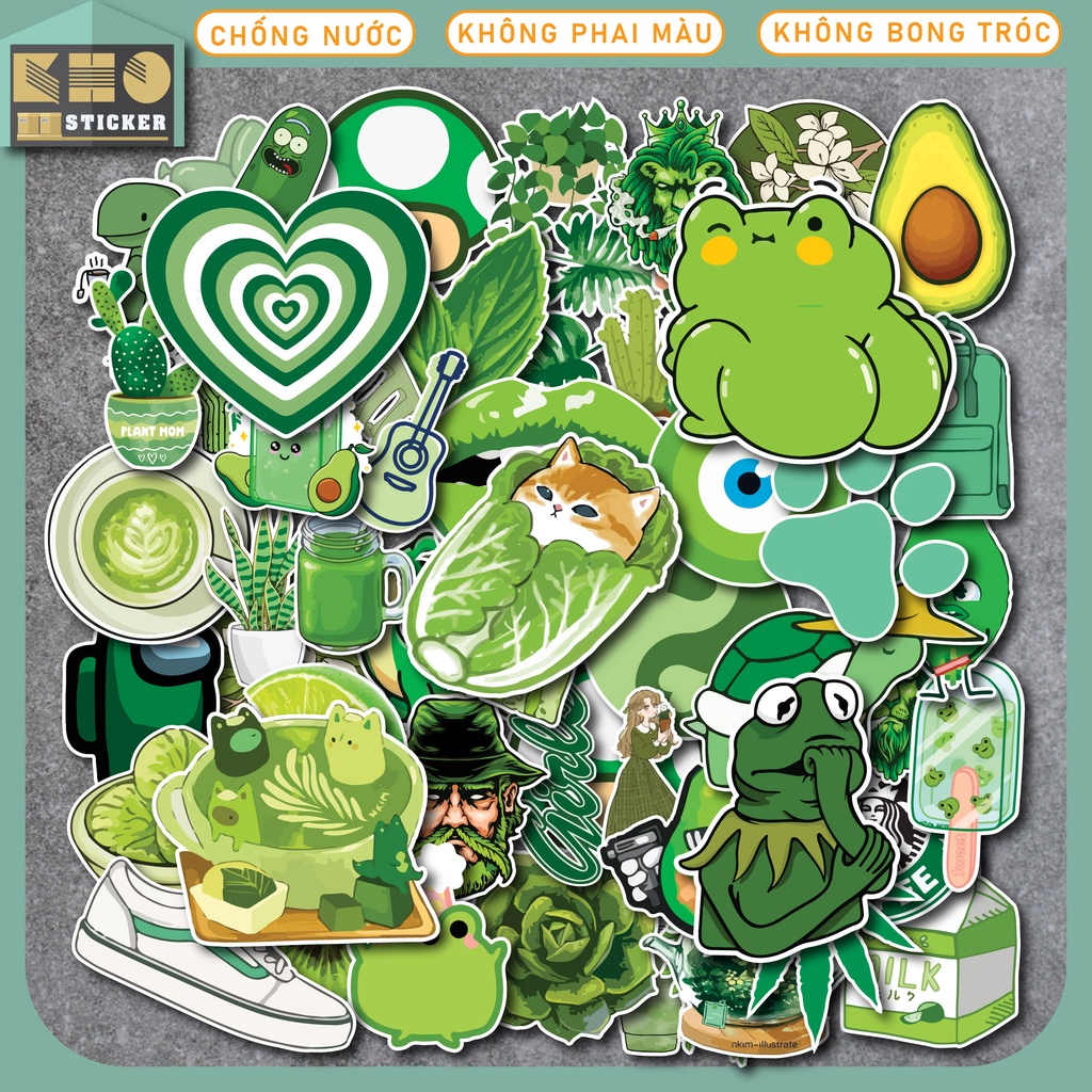 Combo 50 Sticker Green Xanh Lá chống nước sticker dán laptop, điện ...