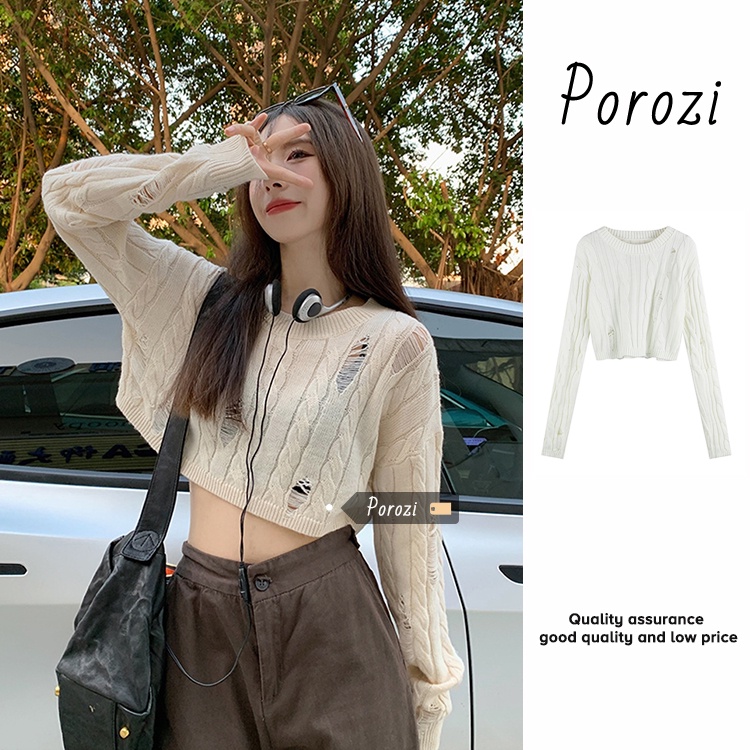 Porozi Áo Croptop Dệt Kim Tay Dài Cổ Tròn Khoét Lỗ Phong Cách Hàn Quốc Thời Trang Cho Nữ