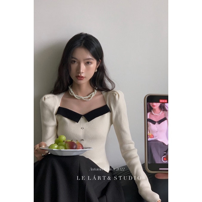 QKOOLE Áo croptop dệt kim tay dài cổ vuông phong cách Hàn Quốc xinh xắn ...