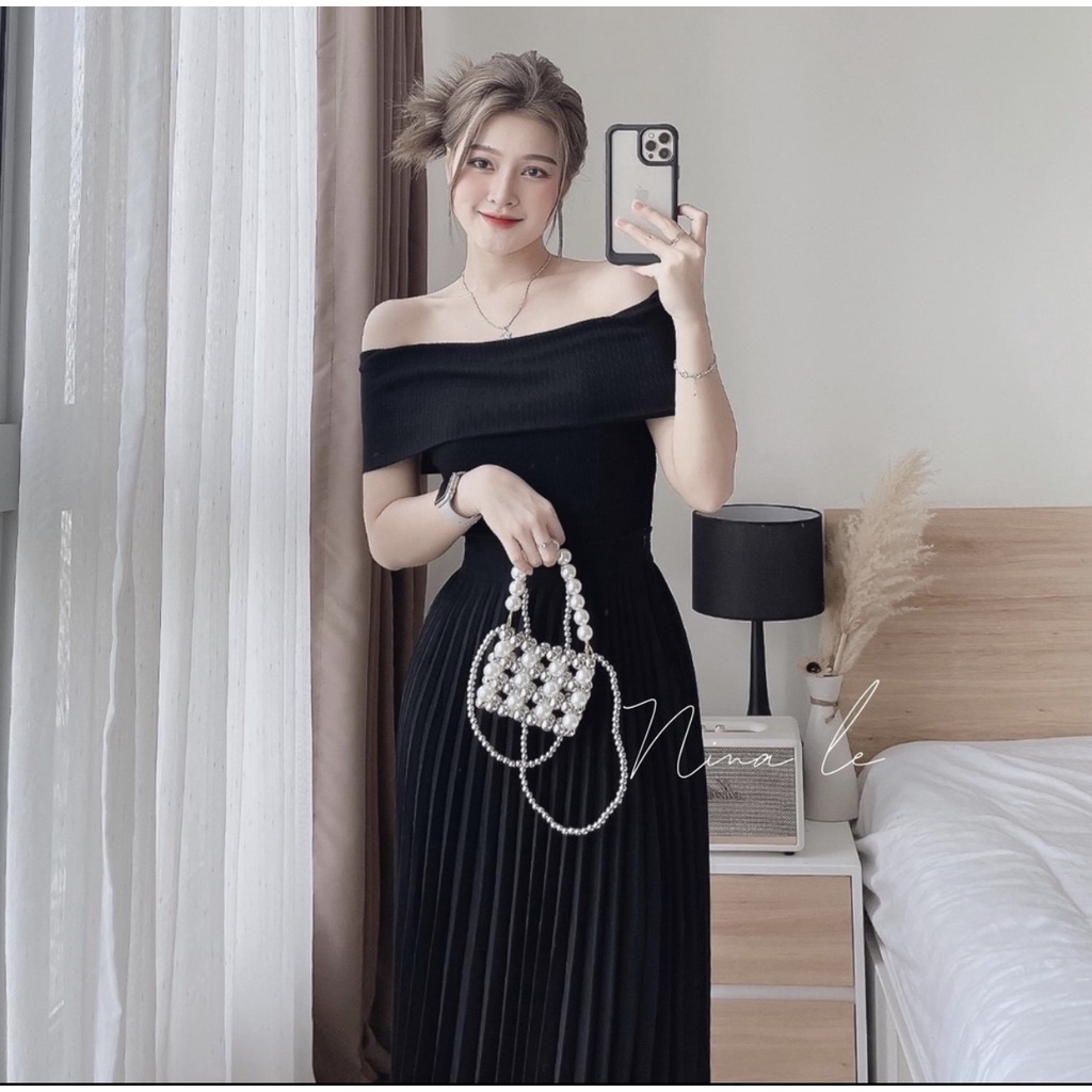 Sét áo trễ vai kèm chân váy xếp ly dán dài bigsize Kim Ngân từ 50kg đến 100kg (M/L/XL/XXL ...