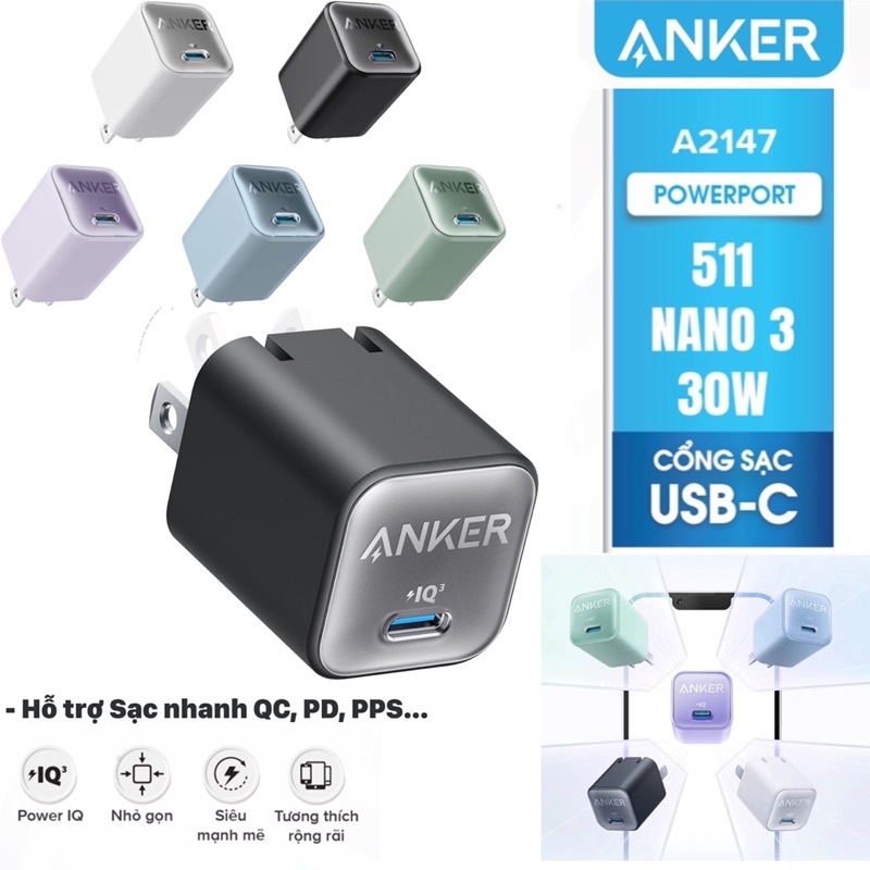 Củ Sạc Anker 511 30w Nano 3 A2147, 1 Cổng USB-C Sạc Nhanh QC,PPS,PD [No box -Bh 6T] | Shopee ...