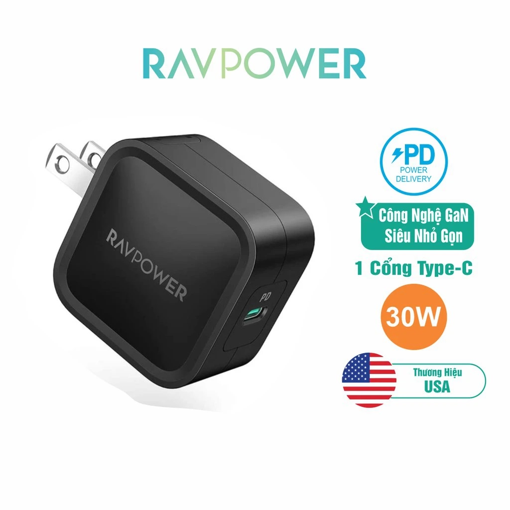 Củ Sạc Nhanh 30W RAVPower RP-PC120 - PD 3.0 - QC 3.0 - GaN - Hàng Chính ...