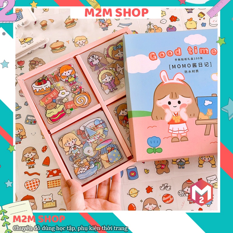 Hộp 100 miếng dán sticker trong suốt trang trí DIY hình cô gái hoạt ...
