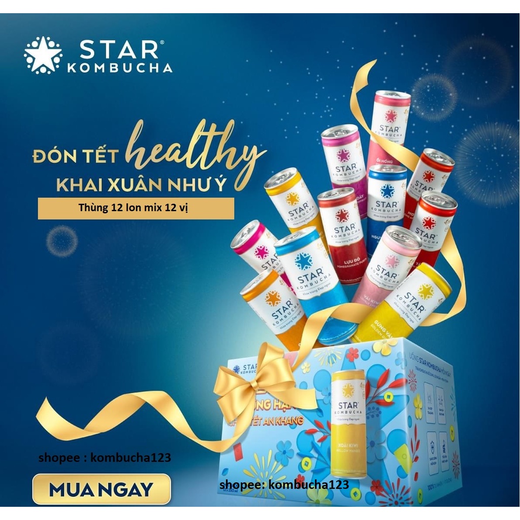 (Mẫu Tết date2024) Thùng 12 lon trà STAR KOMBUCHA(250ml/lon) - Trà lên ...