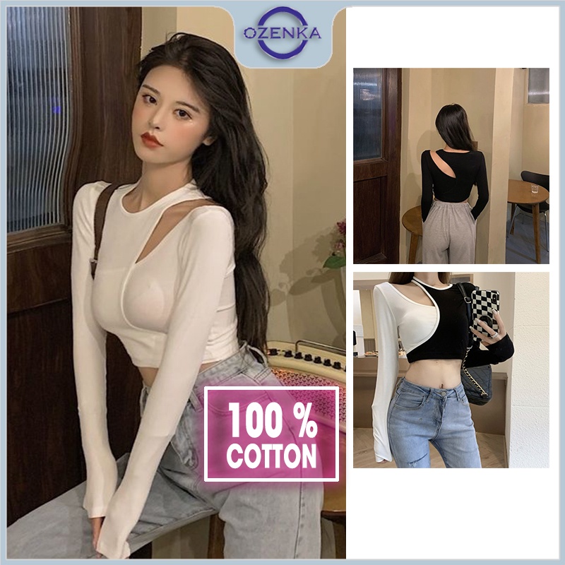 Áo croptop tay dài nữ ôm cổ tròn 2 lớp OZENKA, áo crt kiểu Hàn Quốc gợi cảm thun cotton màu đen ...