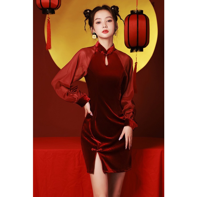 Sườn Xám Nhung Đỏ Phối Voan 40-70Kg | Shopee Việt Nam