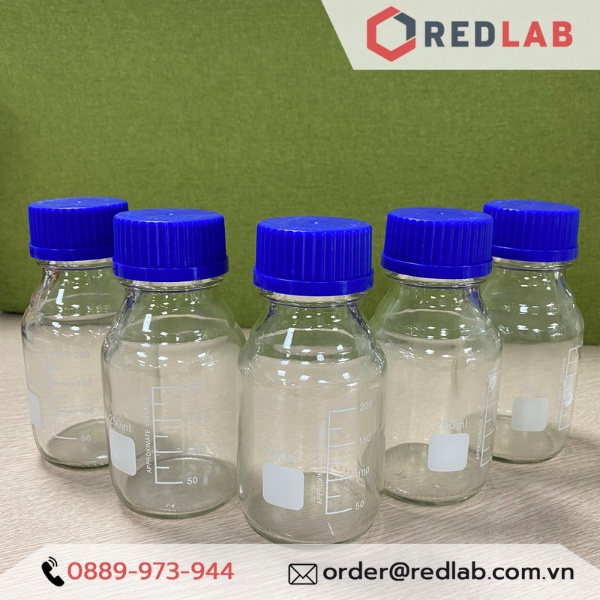 [Giá tốt] Chai trắng nắp vặn xanh ONELAB 250ml, chai thuỷ tinh soda-lime đựng mẫu thí nghiệm, có ...