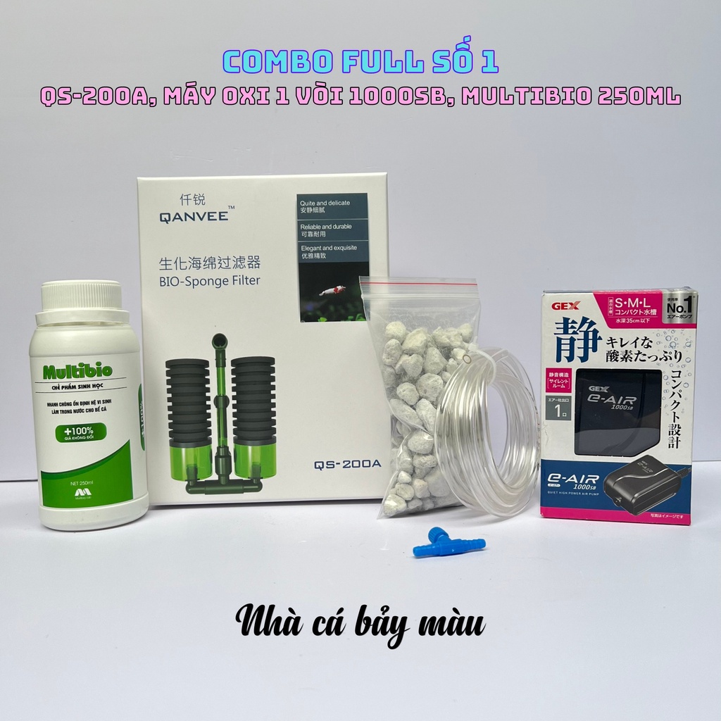 Combo bộ lọc QS-100A, QS-200A kèm máy oxi siêu êm Gex E-Air cho hồ kính cao 20-25cm trở lên ...