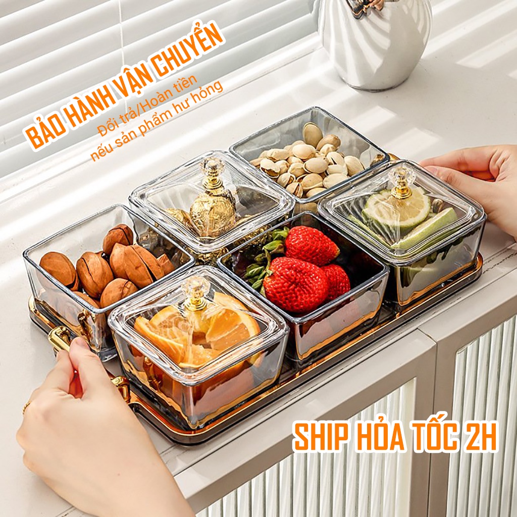 XẢ Kho Khay đựng Mứt Bánh Kẹo Tết 6 Hũ Thủy Tinh Viền Vàng Sang Trọng Kèm Khay Nhựa Acrylic