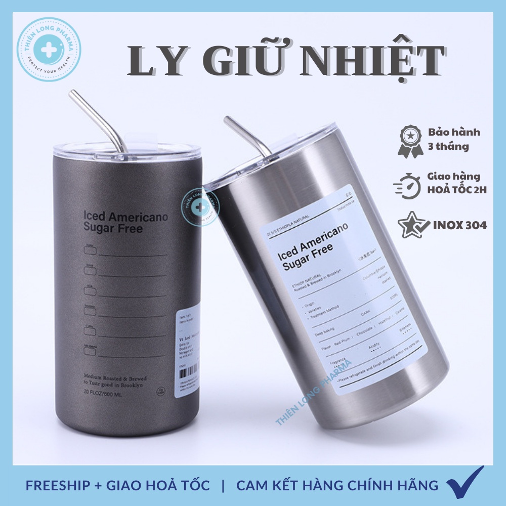 Ly giữ nhiệt Iced Americano 600ML, Cốc uống Coffee bằng inox 304,ống hút tiện lợi kiểu dáng Hàn ...