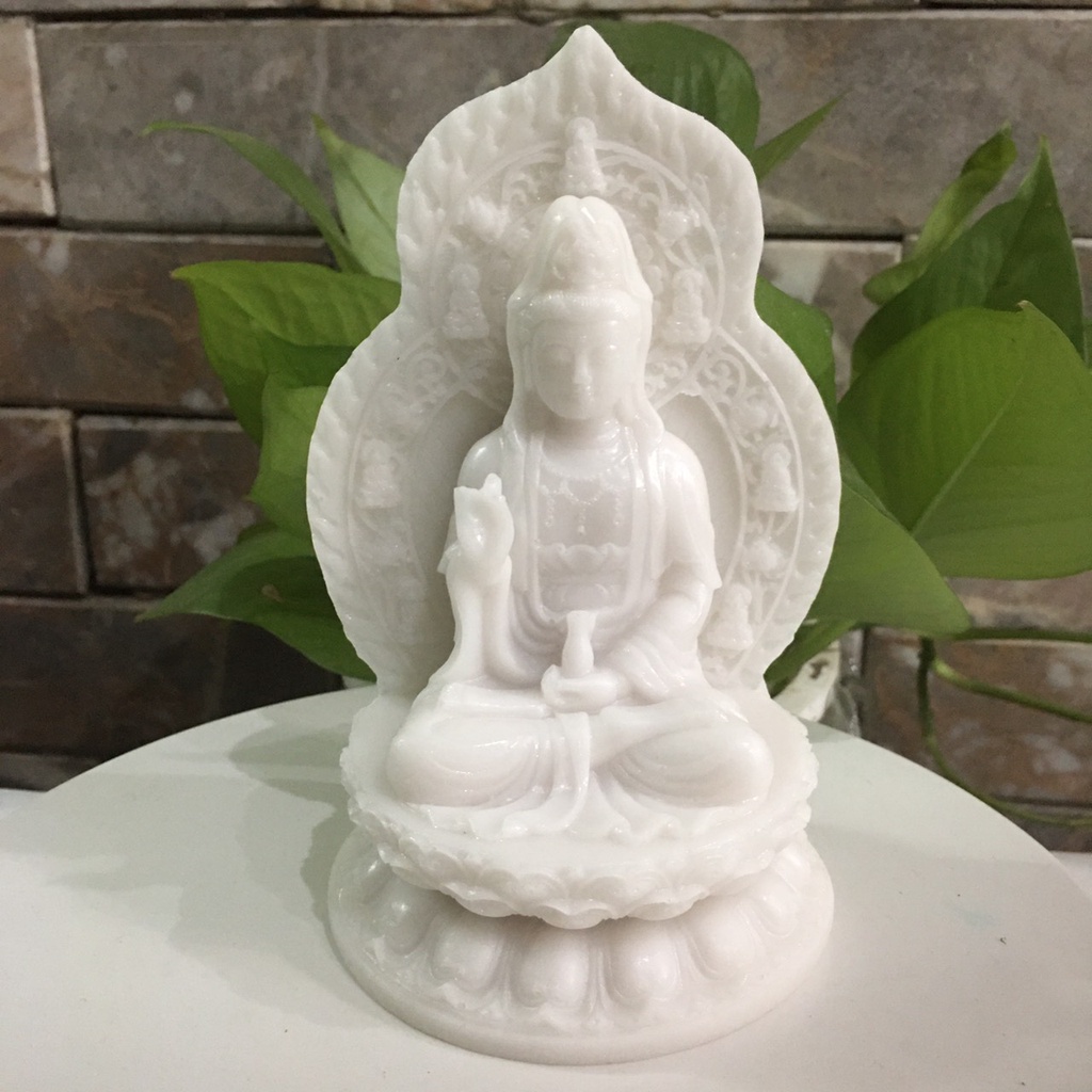 Tượng quan âm bồ tát ngồi tòa sen cao 15 cm mang bình an màu trắng ...