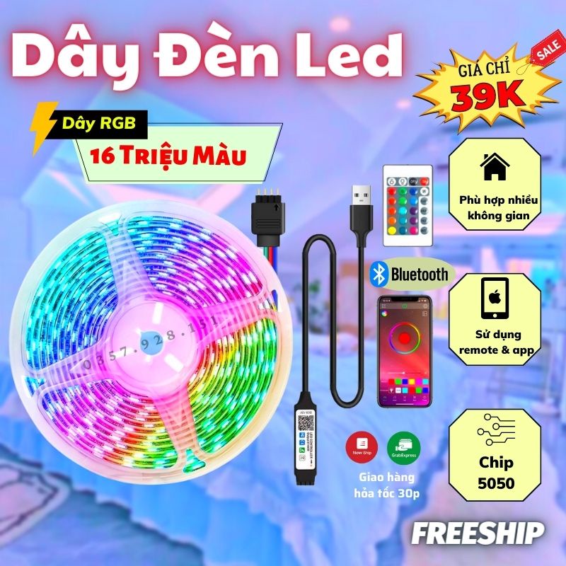 Đèn Led Dây Đèn Led RGB 16 Triệu Màu Nháy Theo Nhạc Điều Khiển Bằng Điện Thoại Akio | Shopee ...
