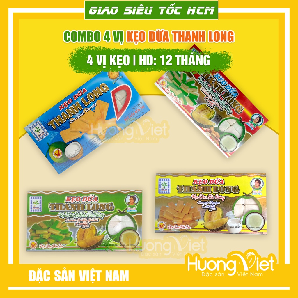 Combo 4 Hộp Kẹo Dừa Thanh Long Bến Tre Gồm 4 Vị Lá Dừa Sầu Riêng đậu Phộng Sữa Truyền Thống