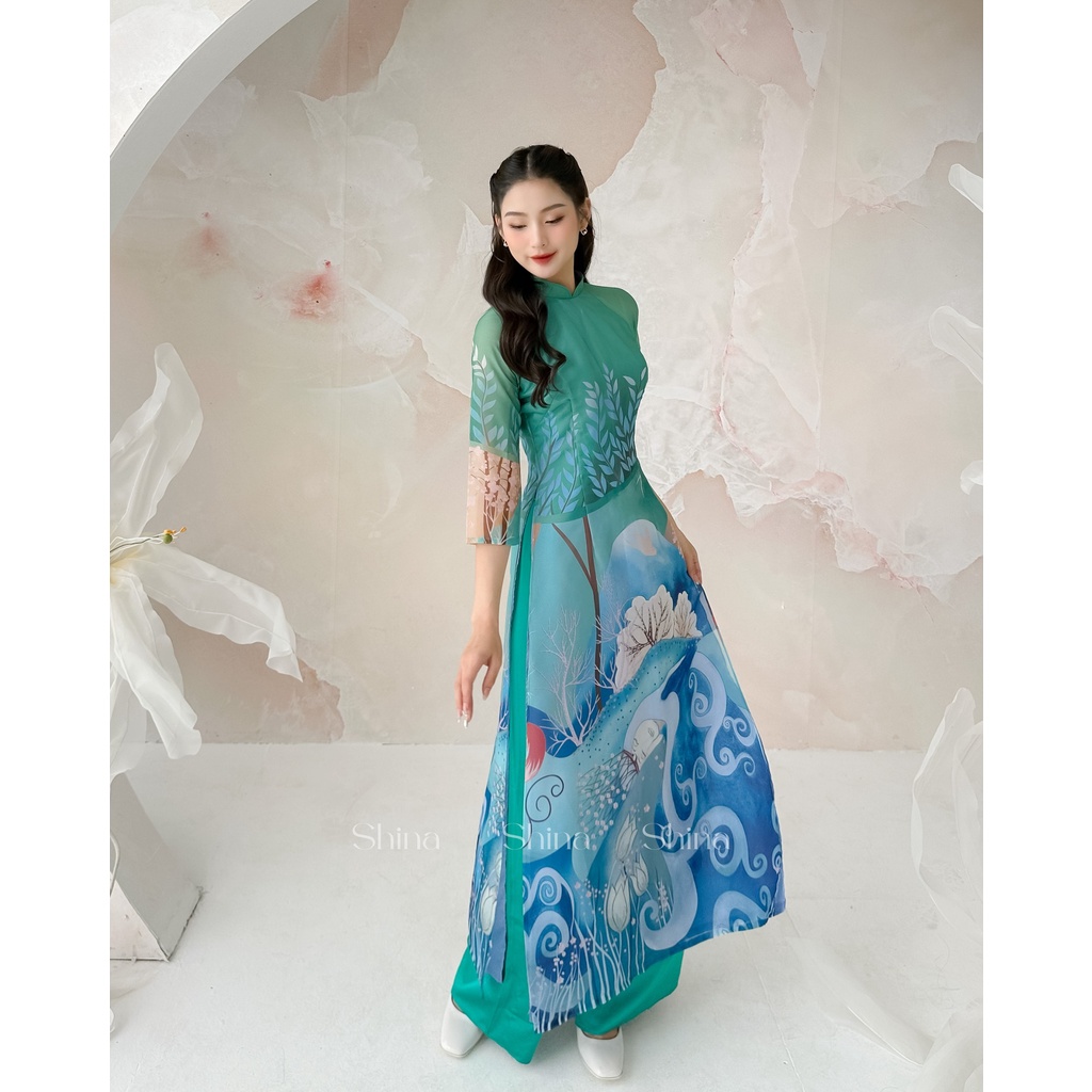 Áo dài Shina - Áo dài xanh in 3d cao cấp | Shopee Việt Nam