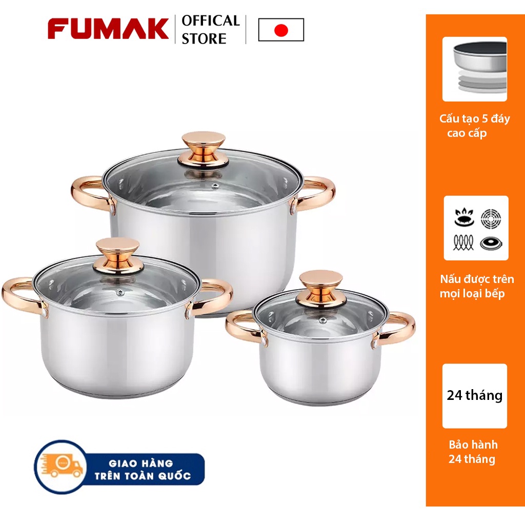 Bộ nồi inox 5 đáy FUMAK FC-2103 size 16cm, 20cm, 24cm hàng cao cấp dùng ...