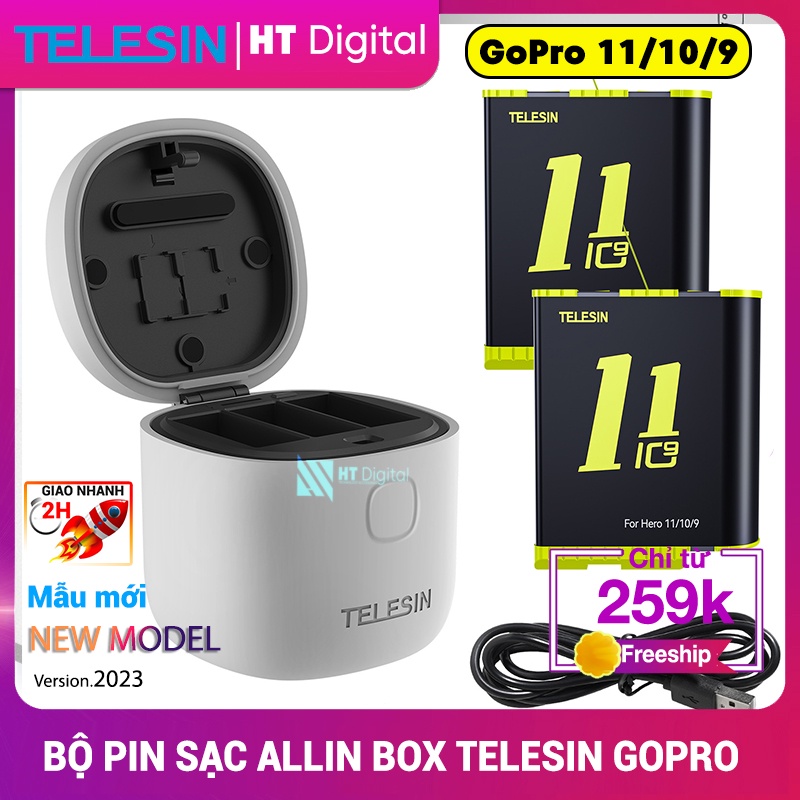 Dock Sạc 3 + 2 Pin Cho GoPro 12 11 10 9 Telesin Allin box Có Nắp Đậy, chống nước , tích hợp đầu ...