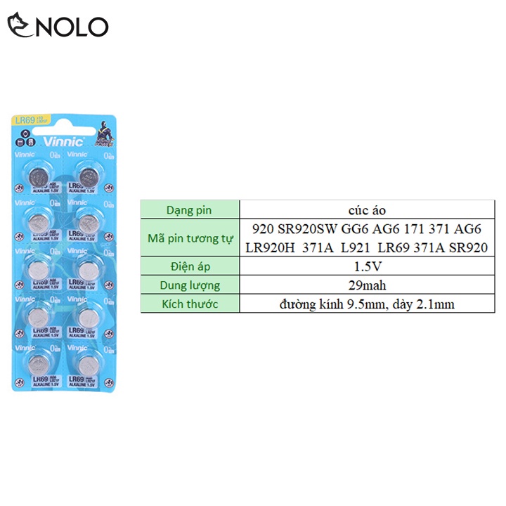 Combo 2 Vĩ 5 Pin Vinnic Mã AG6 LR69 LR921F 371A L921 Điện Áp 1.5V Không ...