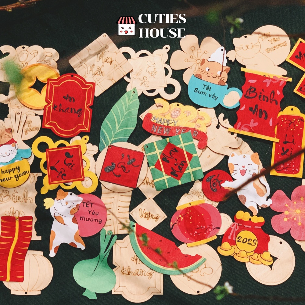 Set 10 món tô màu trang trí Tết 2023 bằng gỗ Decor phong cách Rustic Cuties House (Mua 2 set ...