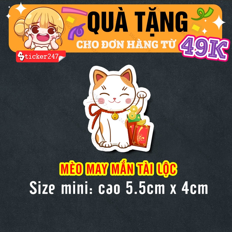 Quà tặng Mèo May Mắn Tài Lộc - Sticker dán điện thoại, laptop, dán mũ ...