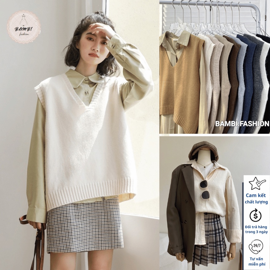 Áo Gile Len Nữ Trơn vintage Cổ chữ V Basic, Áo Ghile Form Rộng nhiều ...