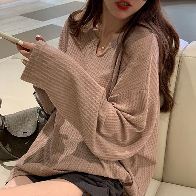 【WANG JIAO ZHAN】 Áo Thun Tay Dài Dáng Rộng Phong Cách Waffle Hàn Quốc ...