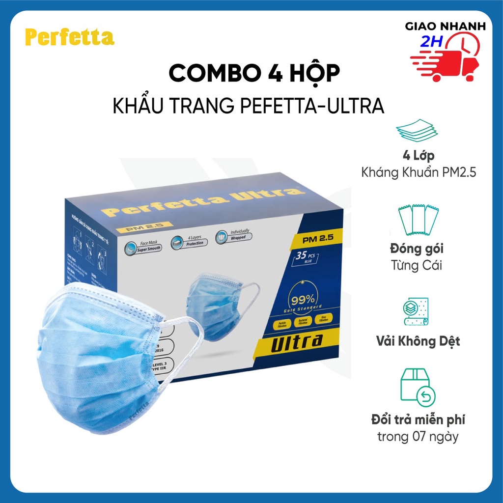 Combo 4 hộp Khẩu trang y tế cao cấp 4 lớp Perfetta Ultra Trắng/Xanh (35 ...