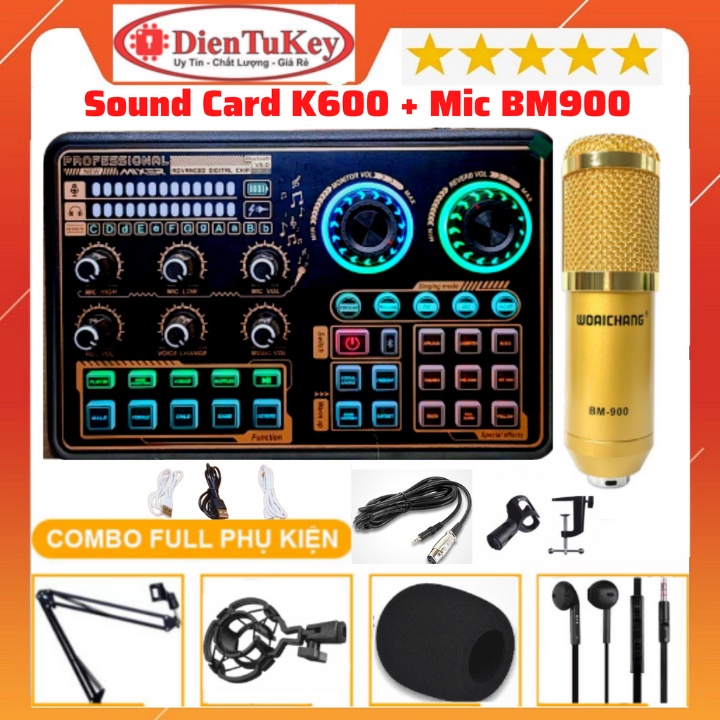 Bộ Soundcard K600 và mic BM900 Chuyên Dùng Livestream thu âm các app ...