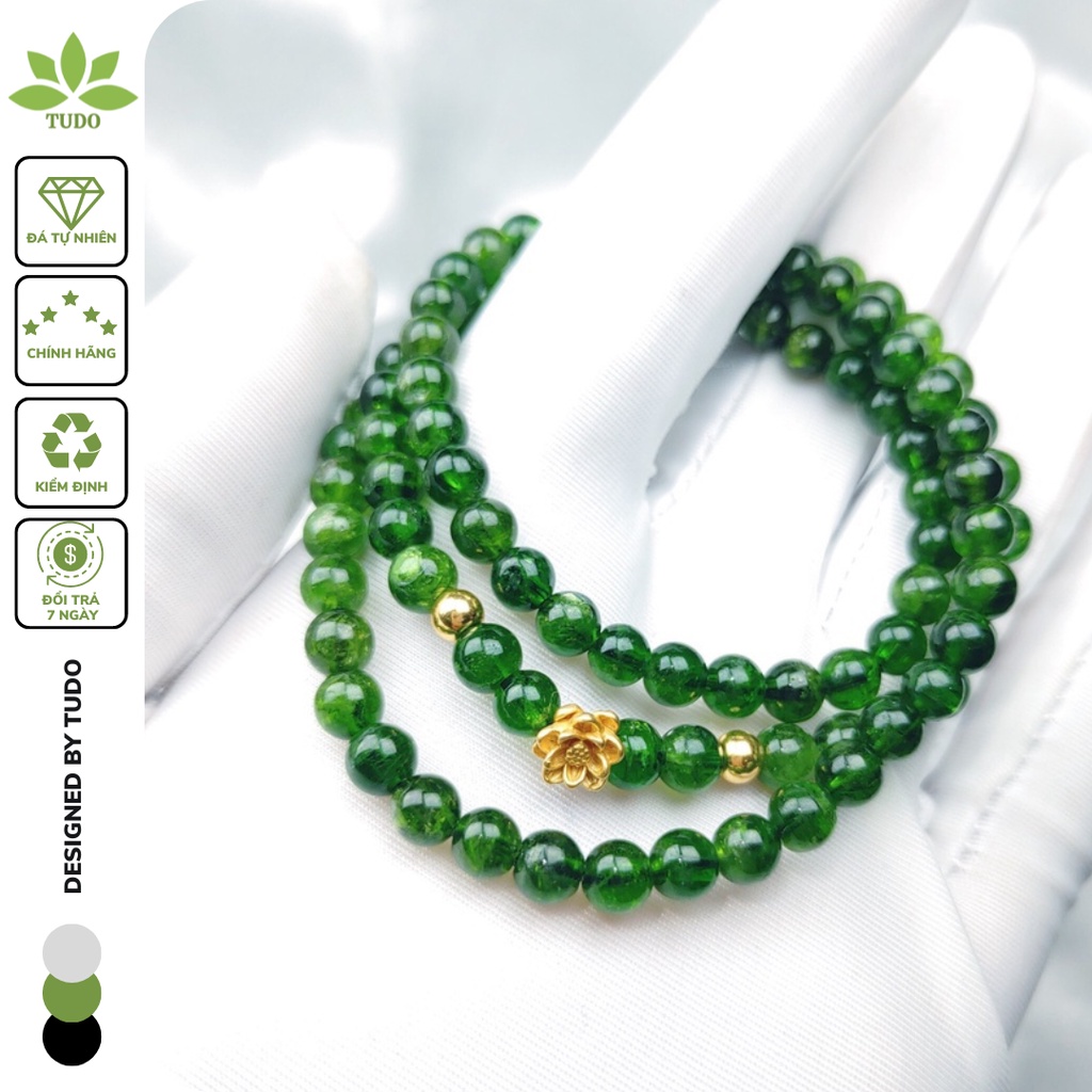 Chuỗi chập 3 diopside xanh lá mix charm sen Au24k và bi bạc mạ vàng ...