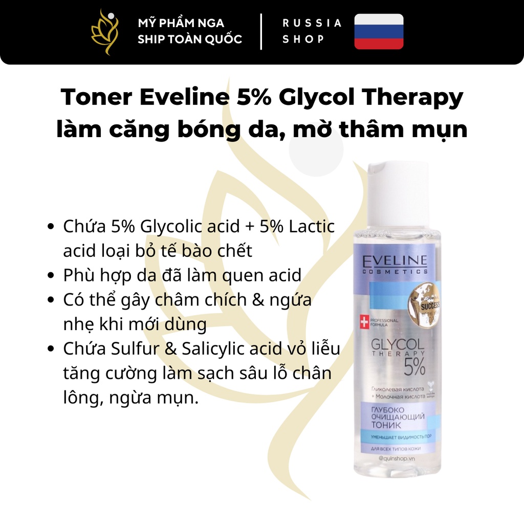 Nước hoa hồng Toner Eveline 5% Glycolic Acid (xanh) căng bóng, láng ...