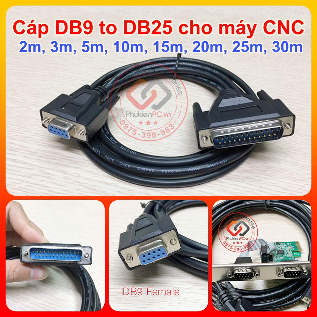 Cáp COM DB9 cái sang DB25 đực máy CNC. Chuyển cổng DB9 Female to BD25 ...