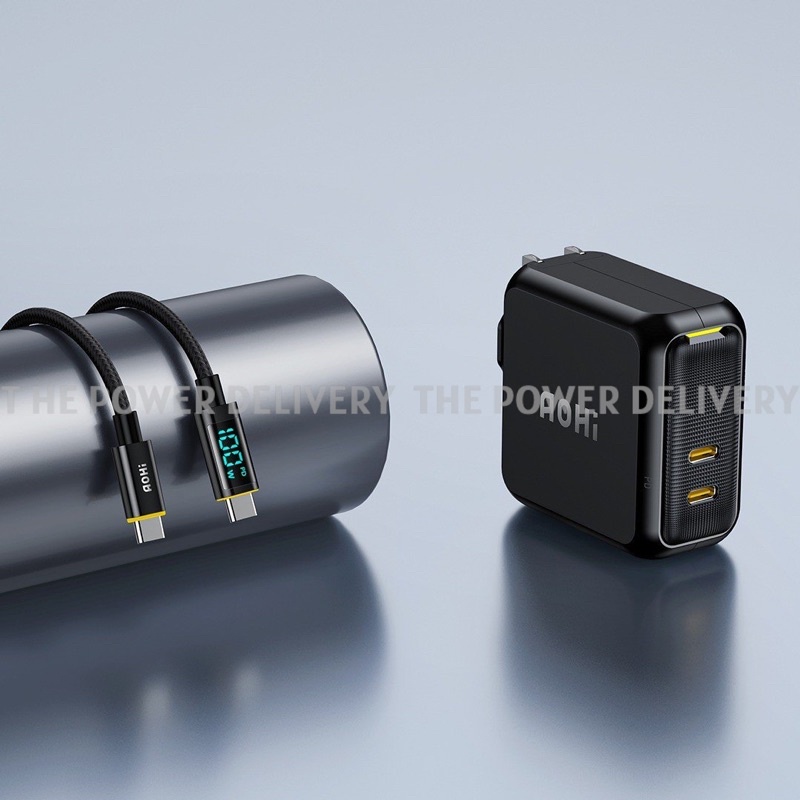 Bộ sạc nhanh AOHI 100W AOC-C005 USB C GaN+ 2 cổng Type C PD có thể gập lại với Cáp màn hình LED ...