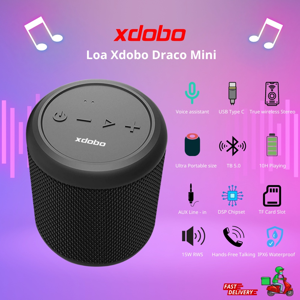 Loa Bluetooth di động XDOBO DRACO MINI, Công suất 15W, Chống nước IPX6 ...