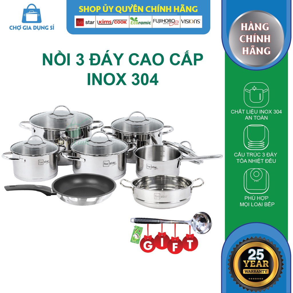 Combo bộ nồi inox 304 và xửng chảo chống dính 3 đáy cao cấp FIVESTAR Plus 7 món nắp kính , tặng ...