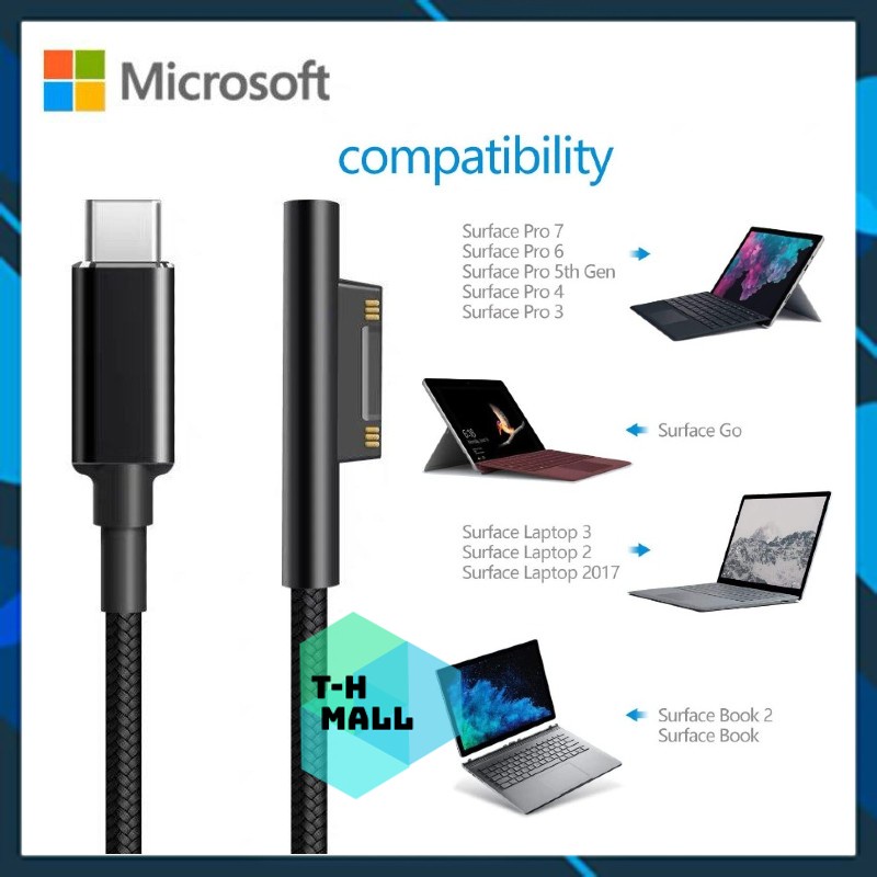 Cáp sạc nhanh PD Type C to Surface Pro 3 4 5 6 7 8 9 Surface Go Surface Book 1 2 Laptop 15V 65W ...