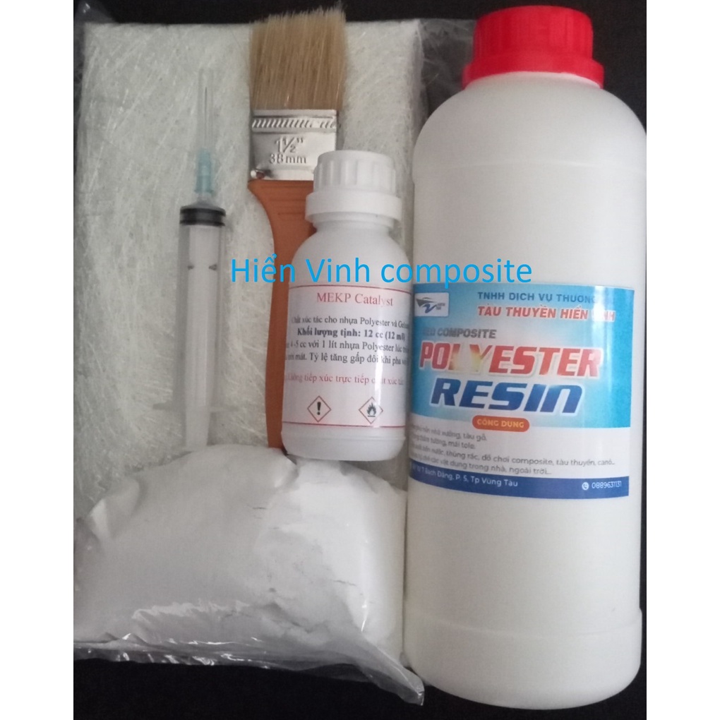 Combo 1kg keo composite (polyester), 1m sợi thủy tinh, xúc tác, bột đá ...