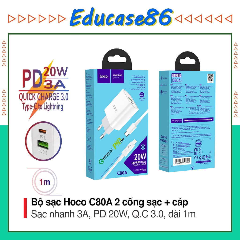 Bộ sạc nhanh 20W Hoco C80A Type C to IP - Củ sạc nhanh kèm dây 1m - Bảo hành 12 tháng ...
