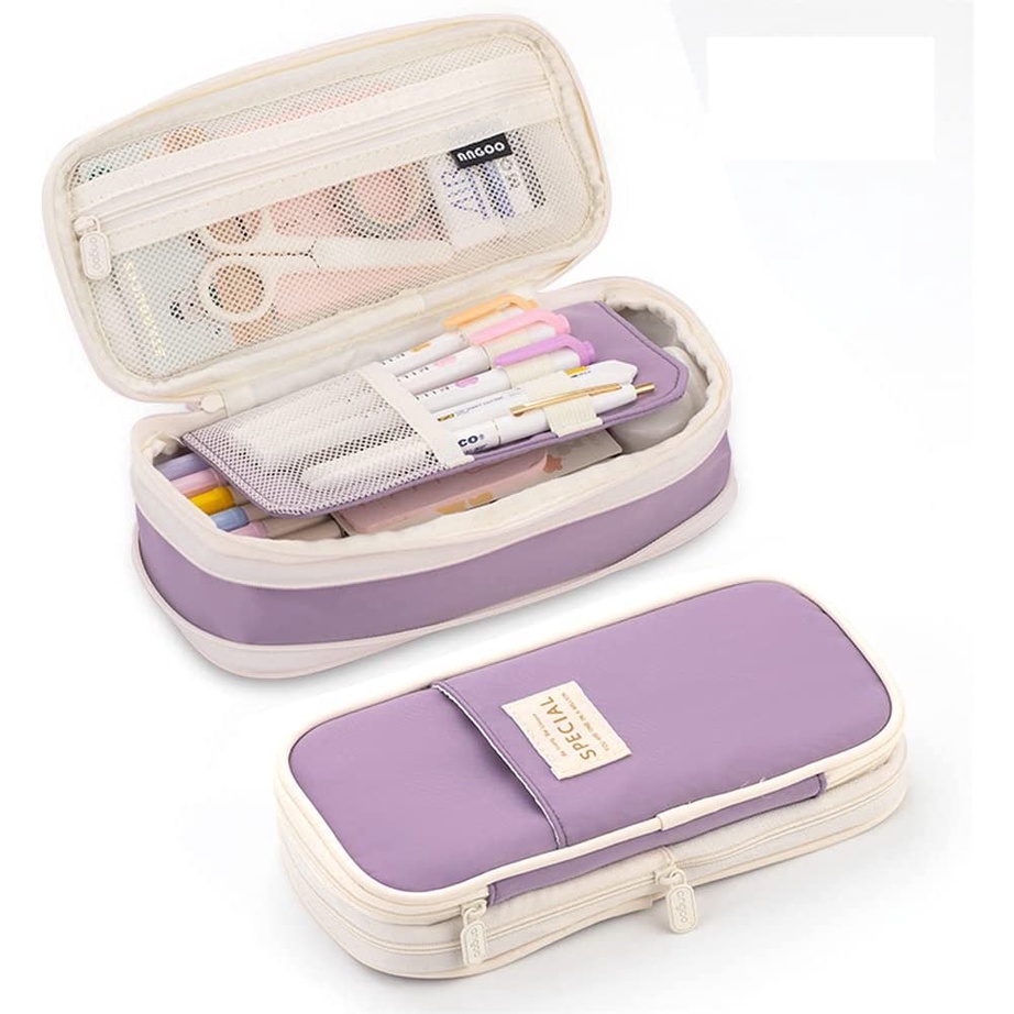 Hộp bút vải canvas Angoo túi bút double pen case bóp viết nhiều ngăn đa năng 12 màu dung tích ...