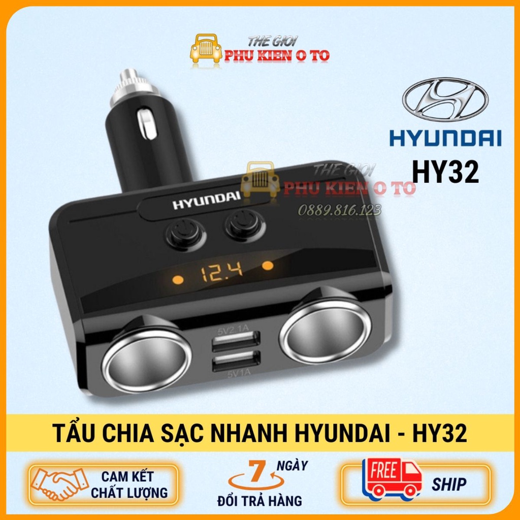 Tẩu sạc cao cấp Hyundai HY32 có Led 2 tẩu, 2 cổng USB, hiển thị điện áp, bảo hành 6 tháng ...