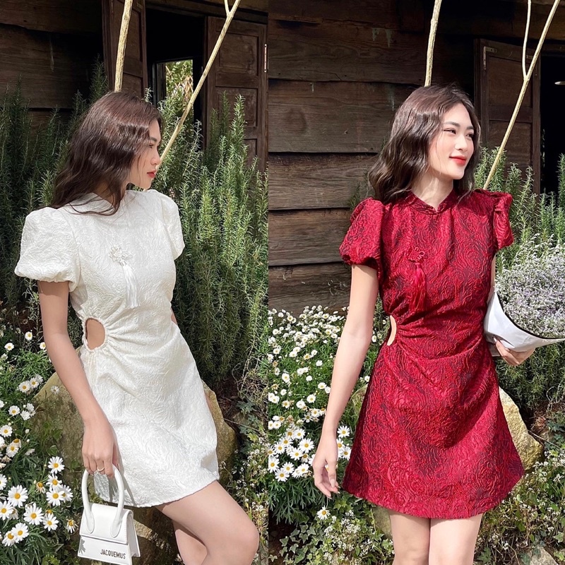 Đầm cổ tàu gấm dáng ngắn cutout eo tay bồng đỏ/trắng - Audrey Studio ...