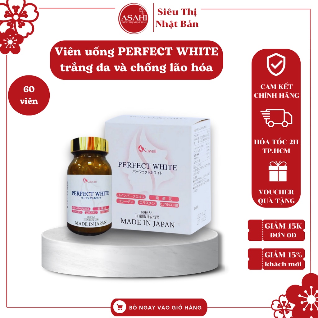 PERFECT WHITE 60 viên Nhật Bản viên vuống trắng da và ngăn ngừa lão hóa giảm sạm nám, dưỡng da ...