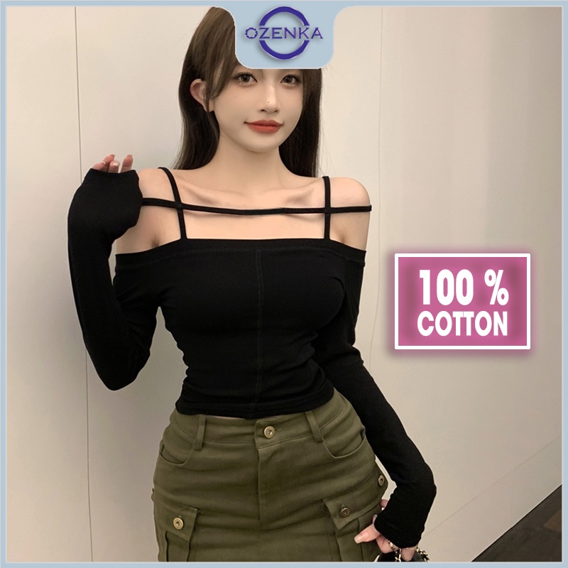 Áo croptop tay dài nữ trễ vai kiểu hàn quốc ozenka , áo crt ôm body sang chảnh màu đen trắng ...