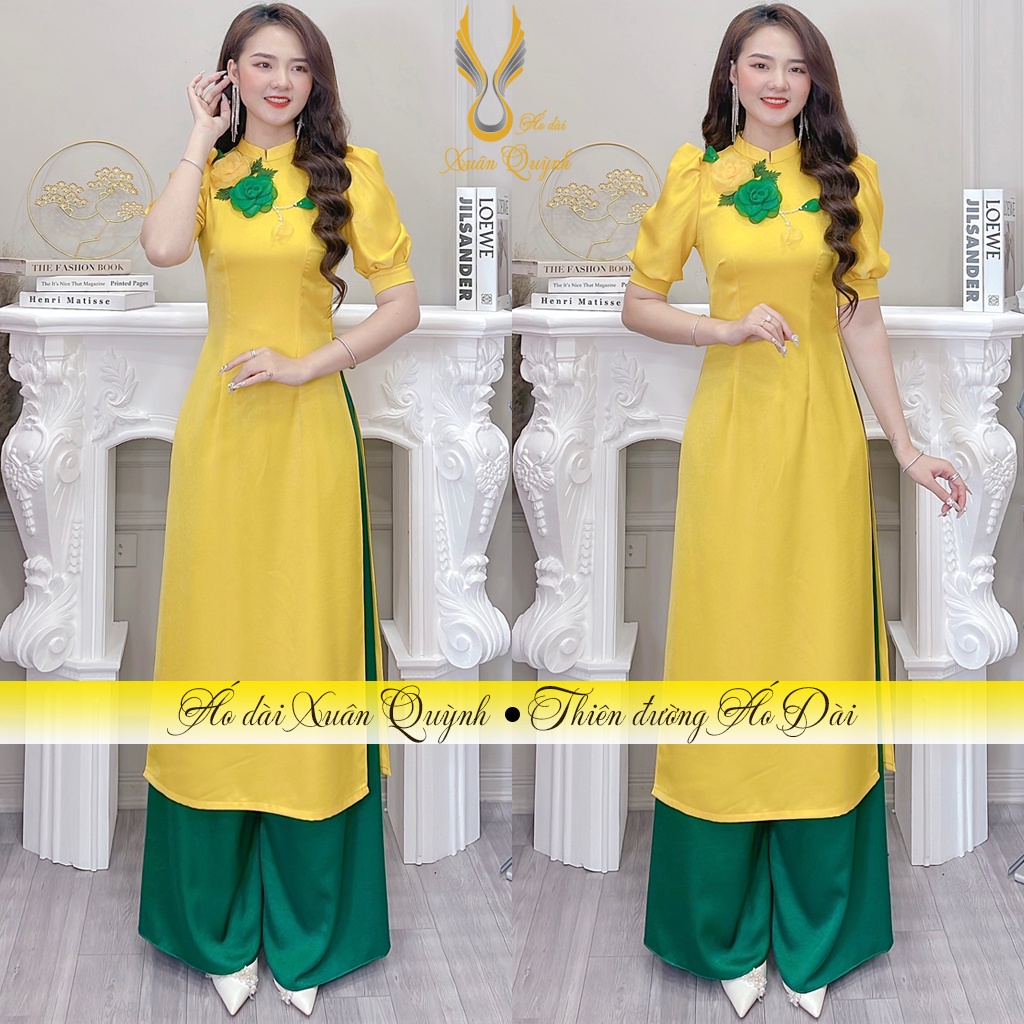 Áo Dài Cách Tân Tay Bồng Đính Hoa Ngực Màu Vàng, Lụa Tây Thi Cao Cấp ...
