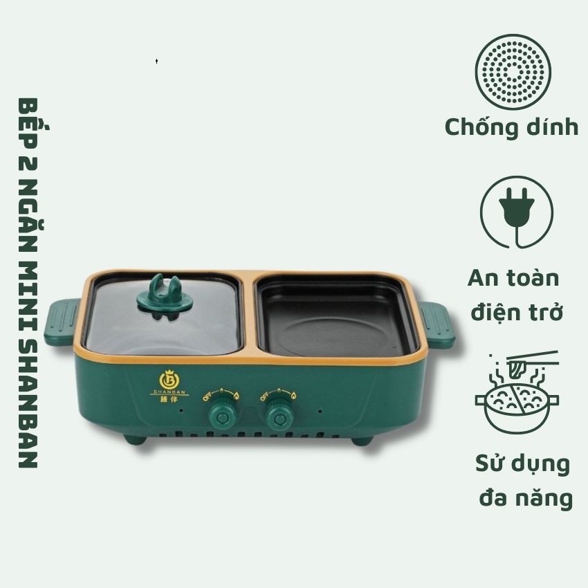 Bếp lẩu nướng 2 ngăn mini SHANBAN, 2 ngăn chống dính hiệu quả, 2 chế độ ...