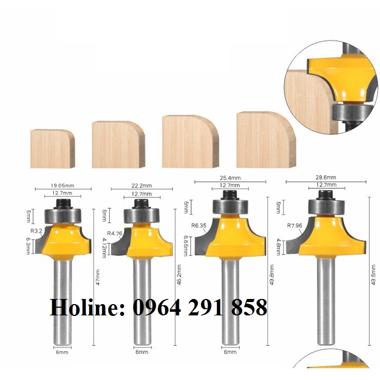 Mũi phay gỗ bo cạnh góc tròn R cốt 6mm - mũi dao phay gỗ bo cạnh góc ...